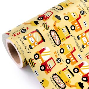 wrapaholic construction wrapping paper roll - mini roll - 17 inch x 9.8 feet - yellow digger tractor truck design for kids boys birthday, baby shower