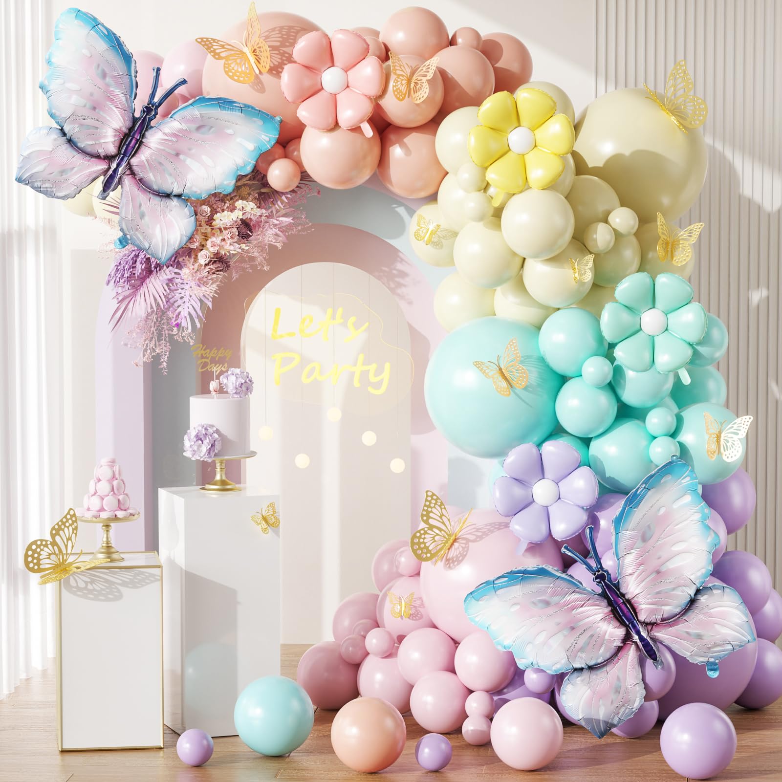 Futureferry Butterfly and Daisy Flower Balloons Arch Garland Kit 164Pcs Pastel Purple Green Yellow Pink Orange Balloons with Butterfly Stickers for Birthday Party Baby Shower Decorations