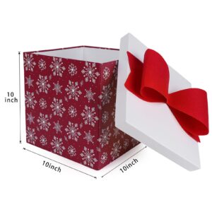 LaRibbons Large Christmas Gift Boxes with Lids,10x10x10 Inches Snowflake Design Folding Square Gift Boxes for Christmas Decorative,Xmas,Present,Storage,Red