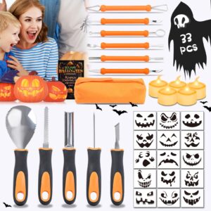 halloween pumpkin carving kit,33 pcs pumpkin carving tools for kids&adults-professional stainless steel carving tools & carving stencils & candles-halloween gifts decoration jack-o-lantern