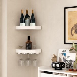 WELLAND White Wood Corner Floating Shelves Wall Mount Corner Wine Rack -2 Pack with 6 Glass Slot Holder