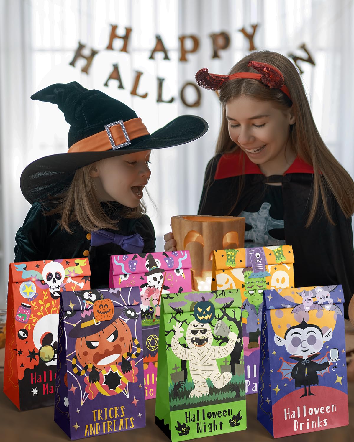 Gcardist Halloween Treats Bags 30 PCS Party Favors with 6 Designs, 3x5x9.5 Inches for Trick or Treat Festival - Includes Stickers - Happy Halloween Candy Bags