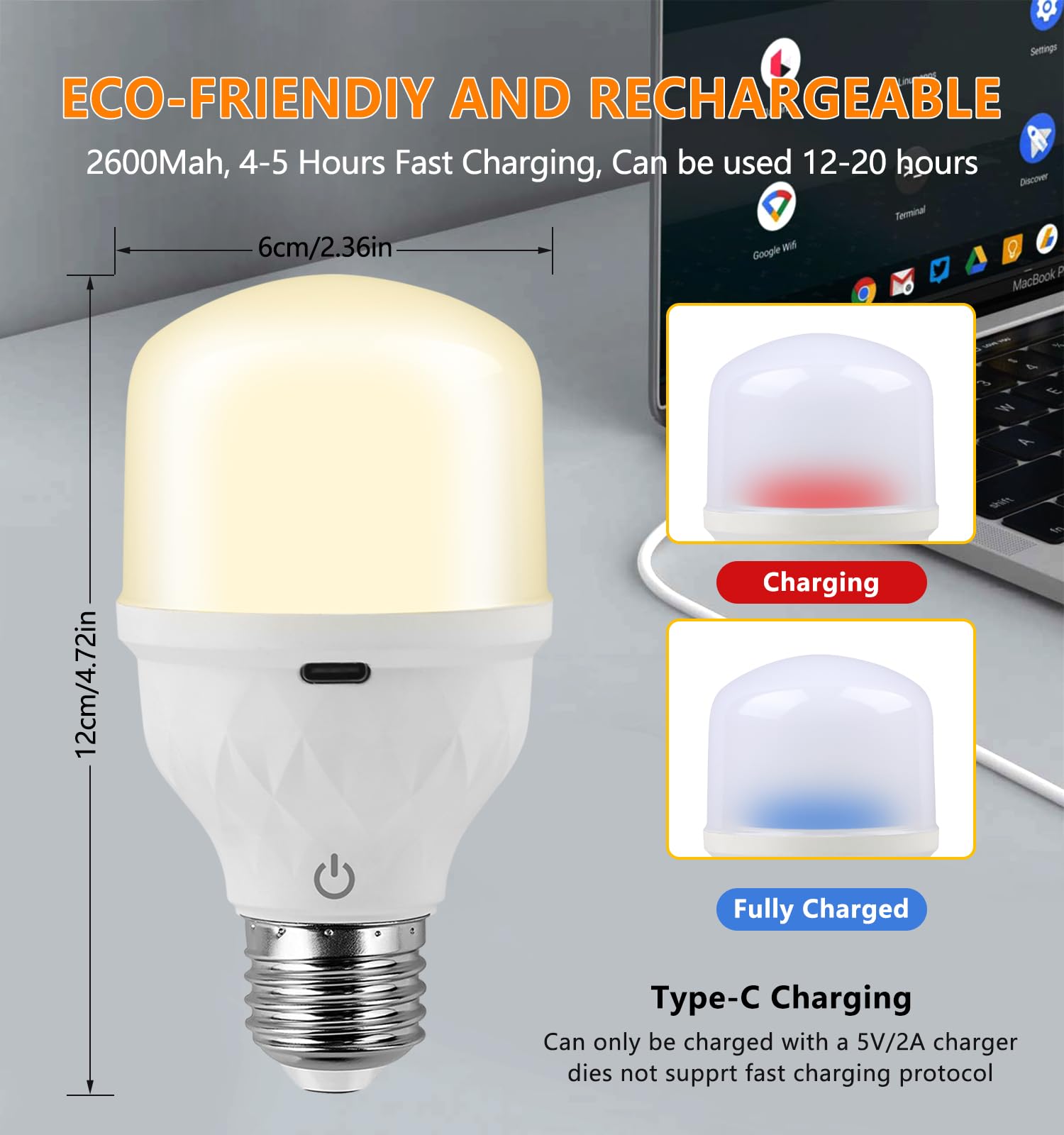 USB C Rechargeable Light Bulbs with Remote, 5W LED Dimmable Battery Powered Light Bulb, Touch Control E26 Portable Emergency Light Bulbs with Timer, for Home Power Outages, Non Hardwired, 2 Pack