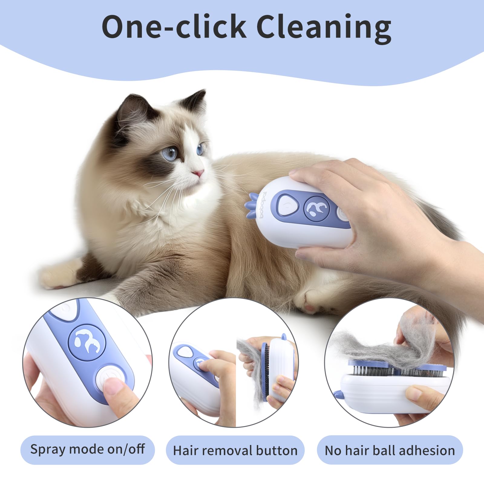 Bobopal Cat Steam Brush, 3 In 1 Cat Brush for Shedding, Self-Cleaning Cat Dog Grooming Brush, Steamy Pet Brush for Long & Short Haired Cats & Dogs Hair Removal Comb with Water Tank Anti-Static, Blue