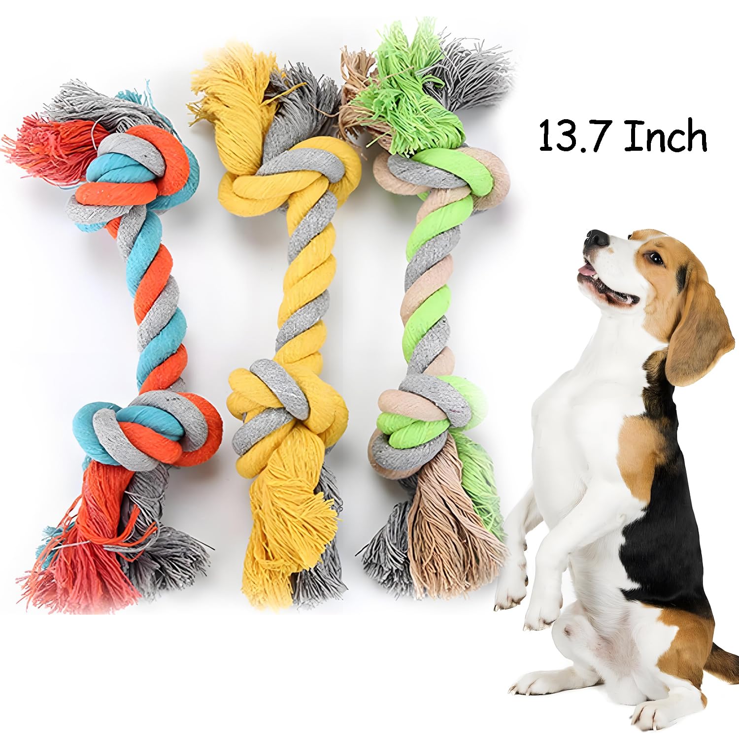 LUCKITTY 3 Pack 13.7 Inch Dog Rope Toys for Medium Aggressive Chewers, Heavy Duty Dog Rope Toy, Indestructible Dog Chew Toys, Teeth Cleaning, Yellow Green Orange