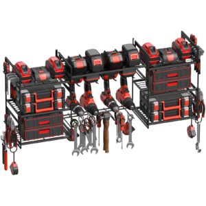 cccei black power tools organizer wall mount, large garage organization and storage, shop 8 drills holder rack and tools battery utility shelves, cool and unique gift for men, husband.