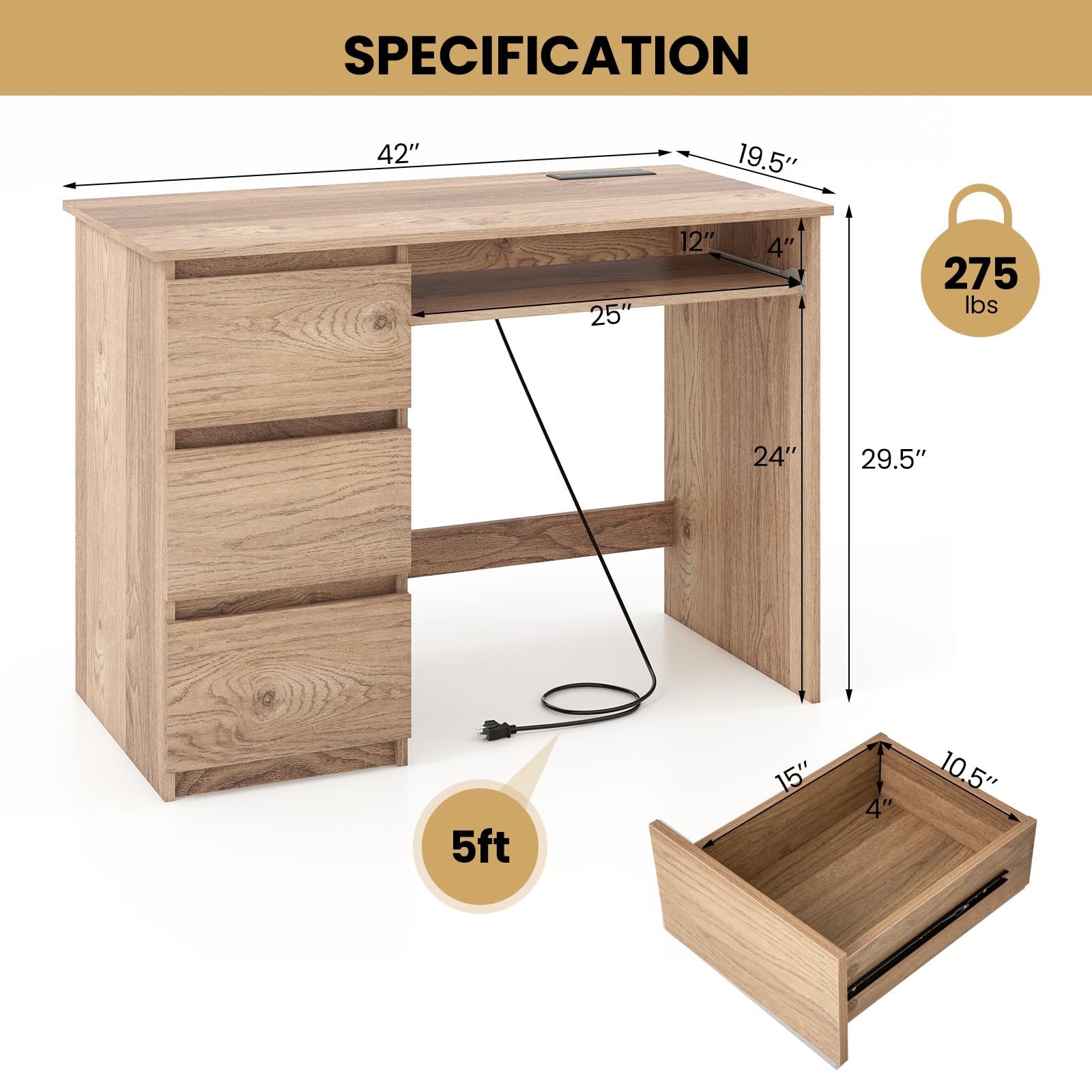 Tangkula Computer Desk with 3 Storage Drawers & Built-in Charging Station, Home Office Desk with Keyboard Tray, PC Desk Study Writing Desk, Vanity Table for Bedroom, Computer Workstation (Natural)