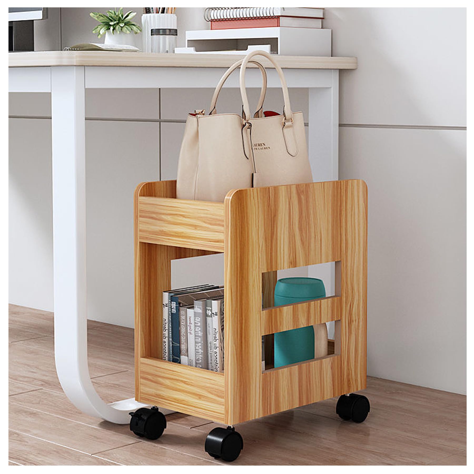 BEKMLOD Wheeled Mobile Bookshelf,2-Tier Mobile Bookshelf,Wooden Bookshelf Under Office Desk and Study Desk, Storage Rack, Storage Cabinet, Suitable for Home and Office Use