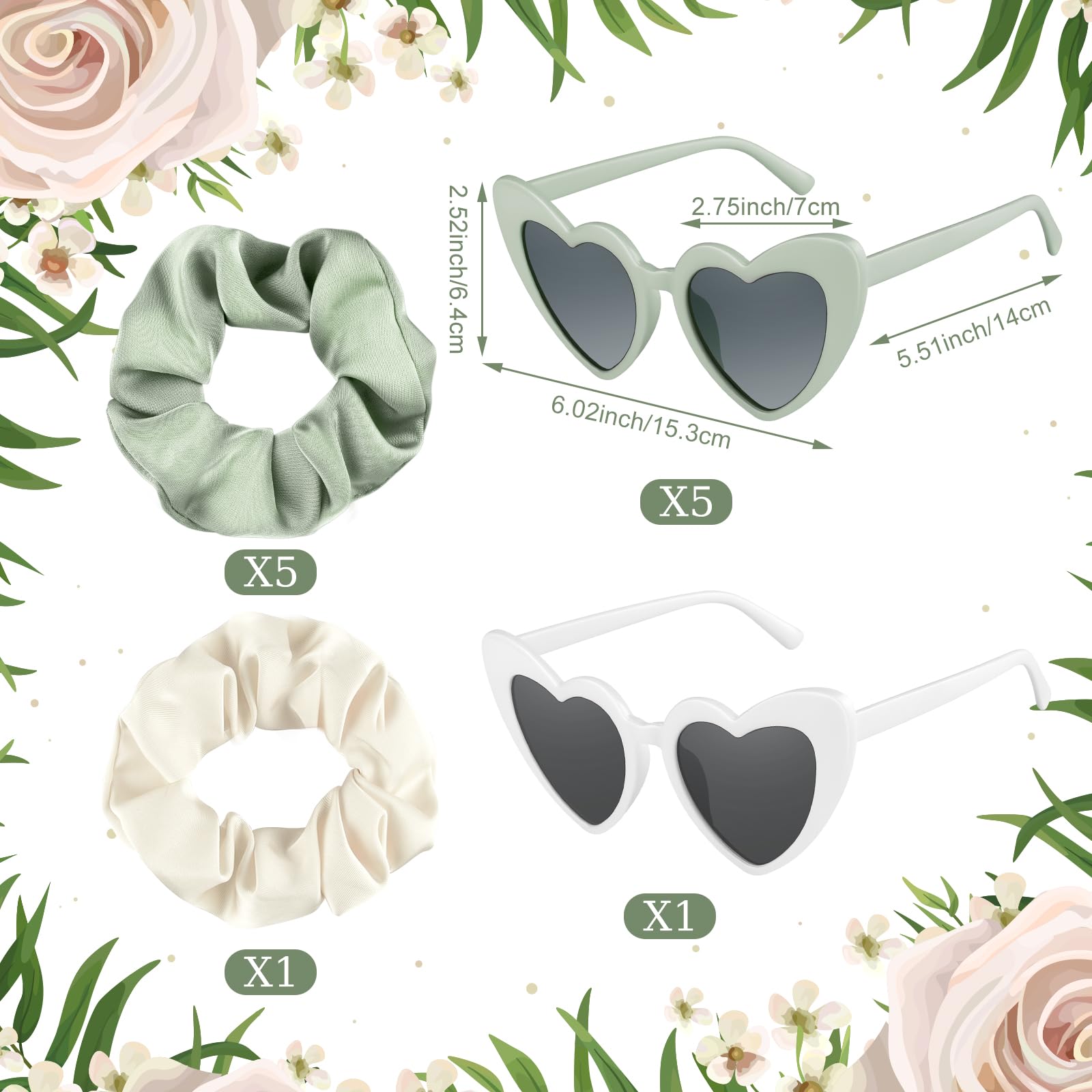 Bouiexye Bridesmaid Sunglasses and Scrunchies Bachelorette Sunglasses Hair Ties Bridesmaid Proposal Gifts for Wedding Party (6, White,Sage Green)