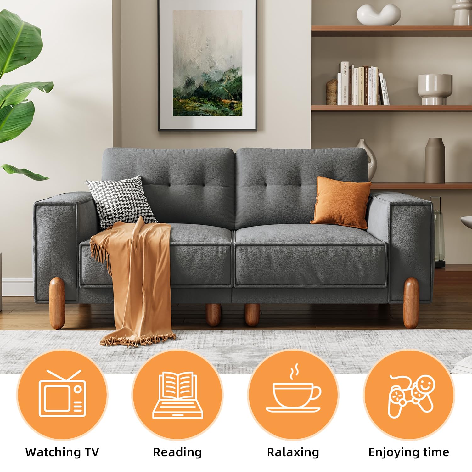 72" Modern Couch for Living Room,2 Seater Couch,Deep Seat Chenille Loveseat Sofa,Comfy Sofa, Cloud Couch,Cream Couch with Pillows for Apartment Small Space (Grey, 72in)