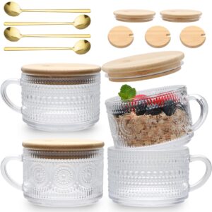 4pcs overnight oats containers with lids,vintage coffee mugs gifts for women,glass cups with spoons and bamboo lids,great for coffee, overnight oats,juice. excellent choice for gift giving,party