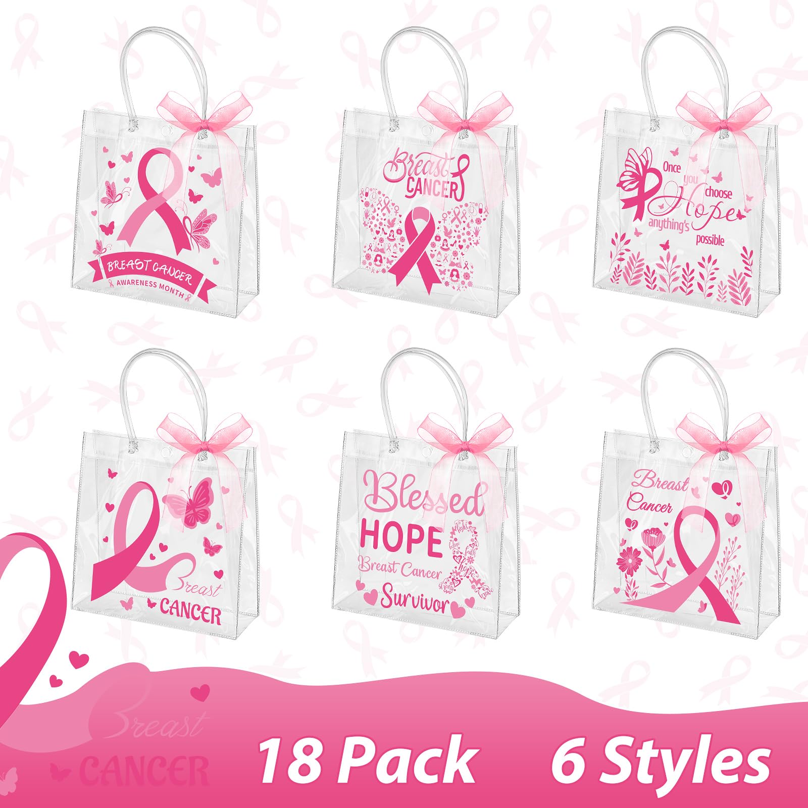 DTOFOOT 18Pcs Breast Cancer Clear Gift Bags with Handles Pink Ribbon Bow Breast Cancer Awareness Bulk Item PVC Pink Ribbon Bags Reusable for Breast Cancer Bags Women Nurse Breast Cancer Survivor Party