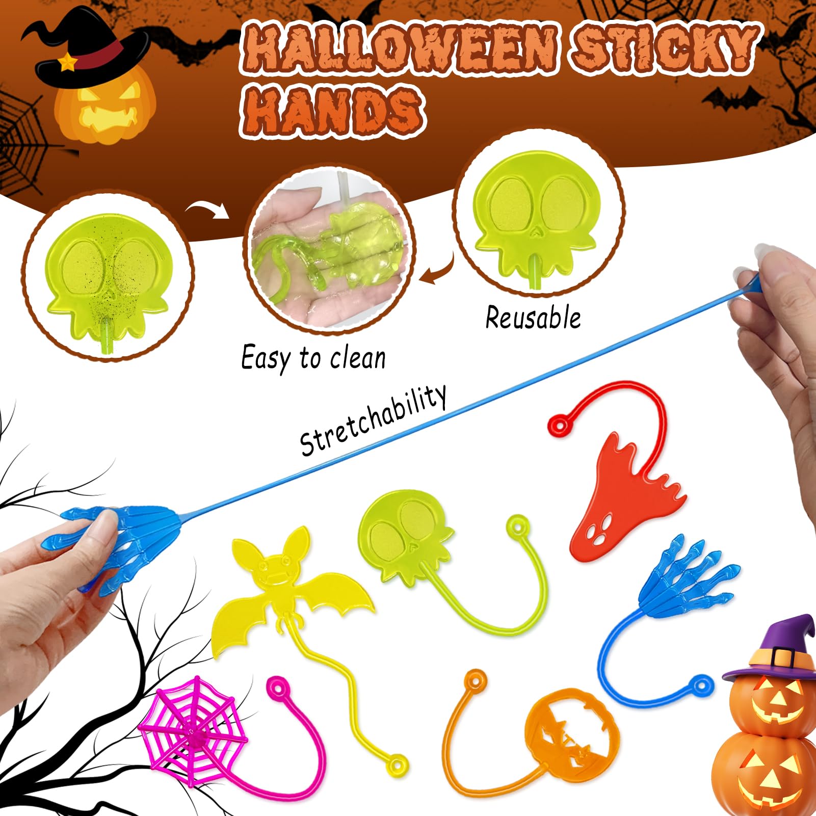 Halloween Sticky Hands Bulk 42PCS Halloween Party Favors for Kids Stretchy Halloween Sticky Hand Toy Halloween Goodie Bag Fillers Party Supplies Halloween Toys Classroom Prizes for Kids