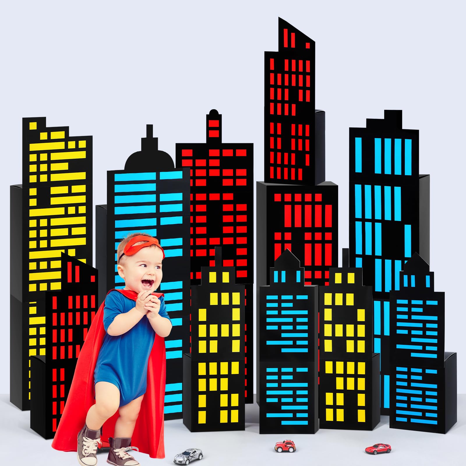 Dunzoom 16 Pcs Large Hero Party Favor Boxes with 10 Pcs Cards Skyscraper City Gift Box Different Sizes 3D City DIY Skyline Buildings Heroes Centerpiece for Hero Theme Birthday Party Decor Supplies