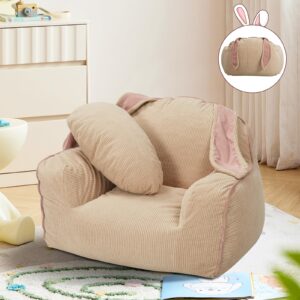 moozhealth bunny kids sofa toddler chair,toddler bean bag chair with carrot-shaped throw pillow,soft corduroy cover comfy toddler chair for reading and napping, for boys and girls,beige bunny