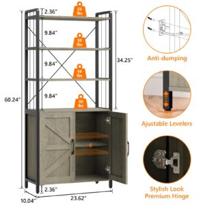 Vabches Modern Industrial Bookshelves and Bookcases with Doors Floor Standing 6 Shelf Display Storage Shelves Wood and Metal Tall Bookcase for Home Office, Living Room, Grey