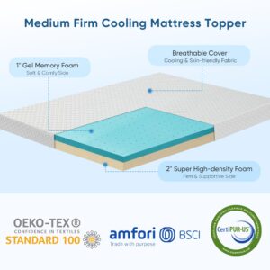 BedLuxury 3 Inch Cooling Mattress Topper Queen Size, Firm Gel Memory Foam Mattress Pad for Pressure Relief, High-Density Ventilated Bed Topper with Removable Cover