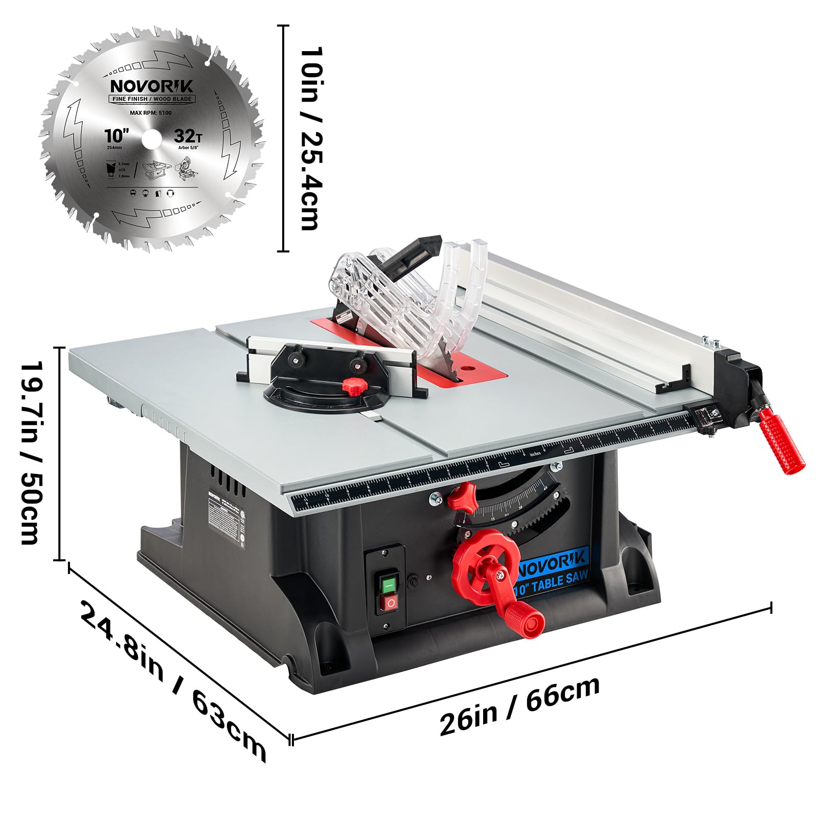 NOVORIK 10“ Portable Table Saw, 10 Inch Heavy-Duty Table Saw with 15 Amp Motor, Benchtop 10-Inch Table Saw with TCT Saw Blade for Woodworking Included