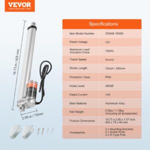 VEVOR Linear Actuator 12V, 12 Inch 330lbs/1500N High Load Linear Actuator, 0.19"/s Linear Motion Actuator with Mounting Bracket and IP54 Protection