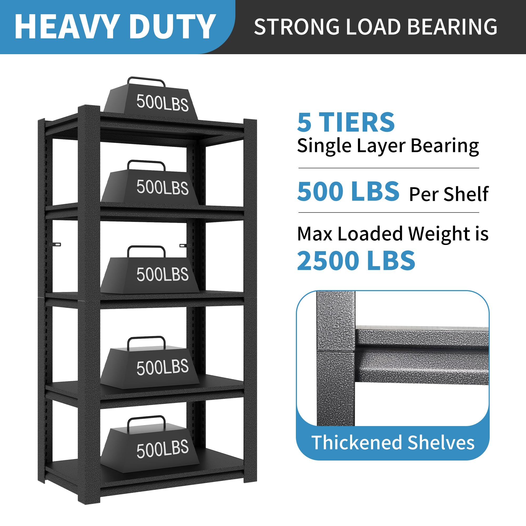 BIZOEIRON 72" H Metal Storage Shelving, 2500LBS Heavy Duty Shelves Unit, Adjustable 5 Tier Storage Rack, Industrial Utility Shelf for Garage, Warehouse, Bedroom, Kitchen,16" D×36“W×72”H, Black