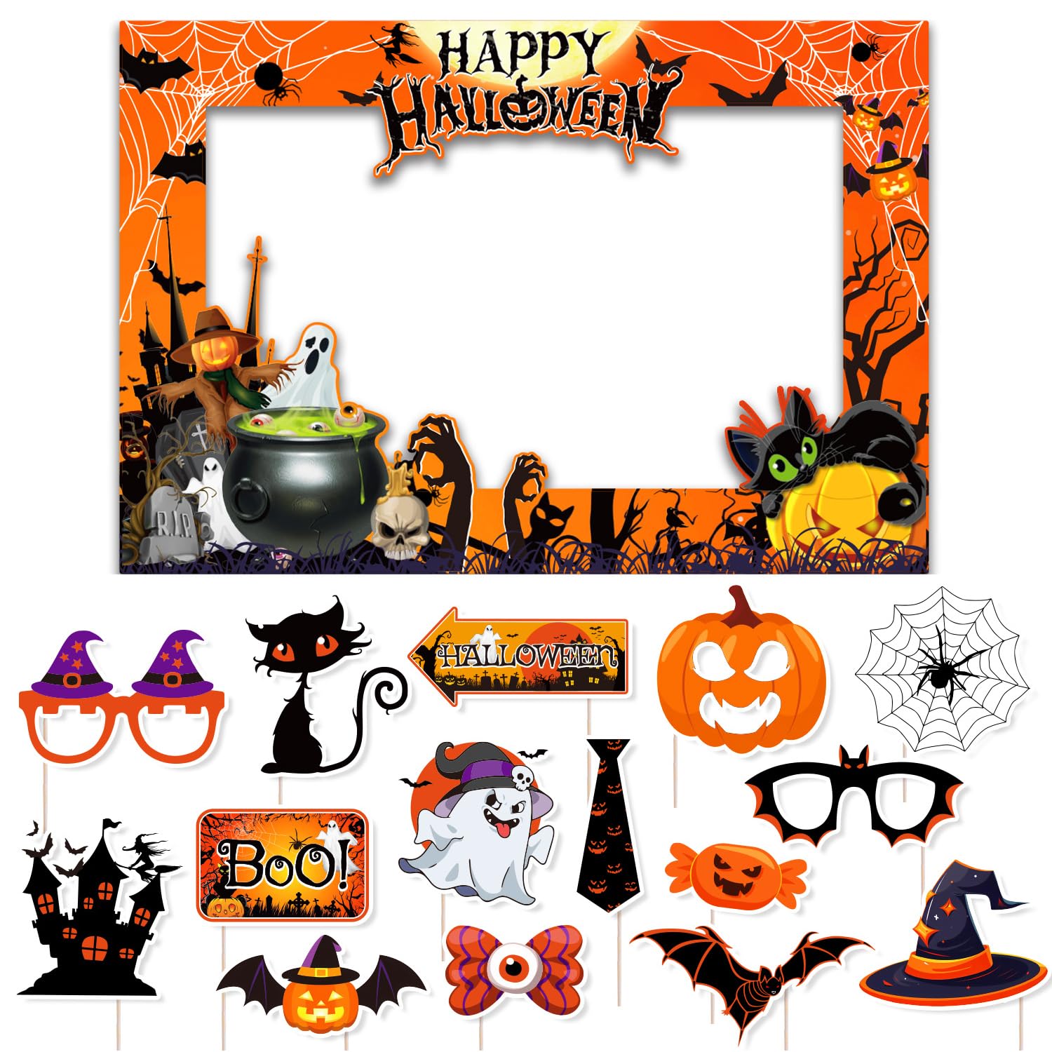 Halloween Party Decorations - 16PCS Halloween Photo Booth Props for Halloween Birthday Party Supplies (Orange)