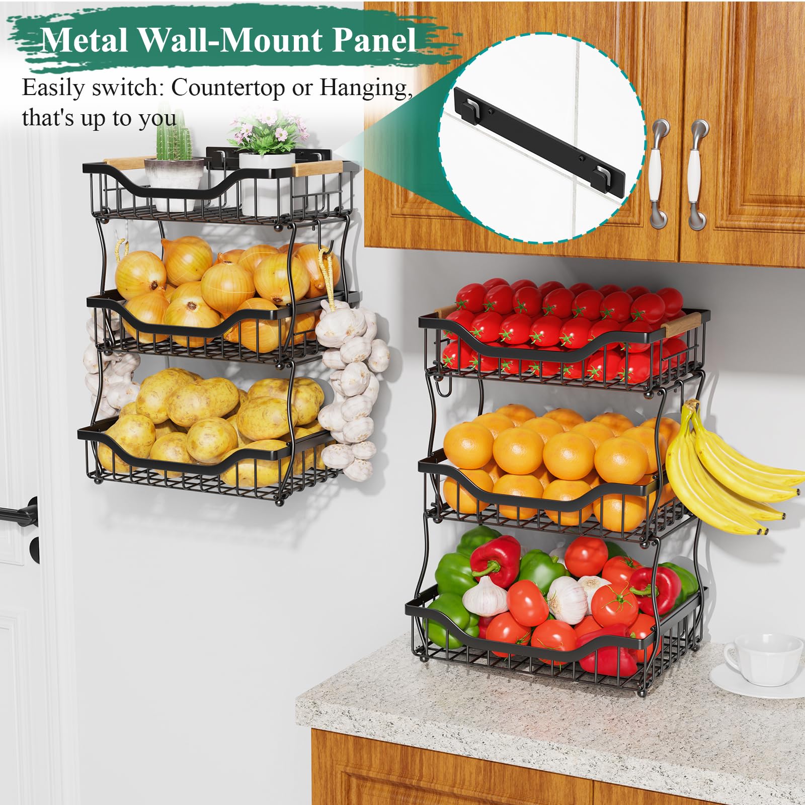 OKZEST 3-Tier Fruit Basket for Kitchen Counter with Banana Hangers, Wall Hanging Fruit Basket and Countertop Organizer Fruit Bowl, Fruit Storage Holder Stand for Potato Onion Snack Bread Fruit Veggie