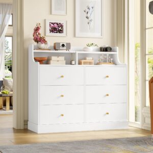 finetones 6 Drawer Dresser, White Dresser Double Dresser with Shelves, White and Gold Dresser, Wide Chest of Drawers, Dressers & Chests of Drawers, Large Wooden Storage White Dresser for Living Room