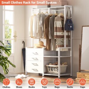 Cyclysio Small Clothes Rack with 4 Drawers, Reversible Garment Rack with Storage Shelves & Charging Station, Freestanding Closet System Organizer with 2 Hooks for Small Spaces, White