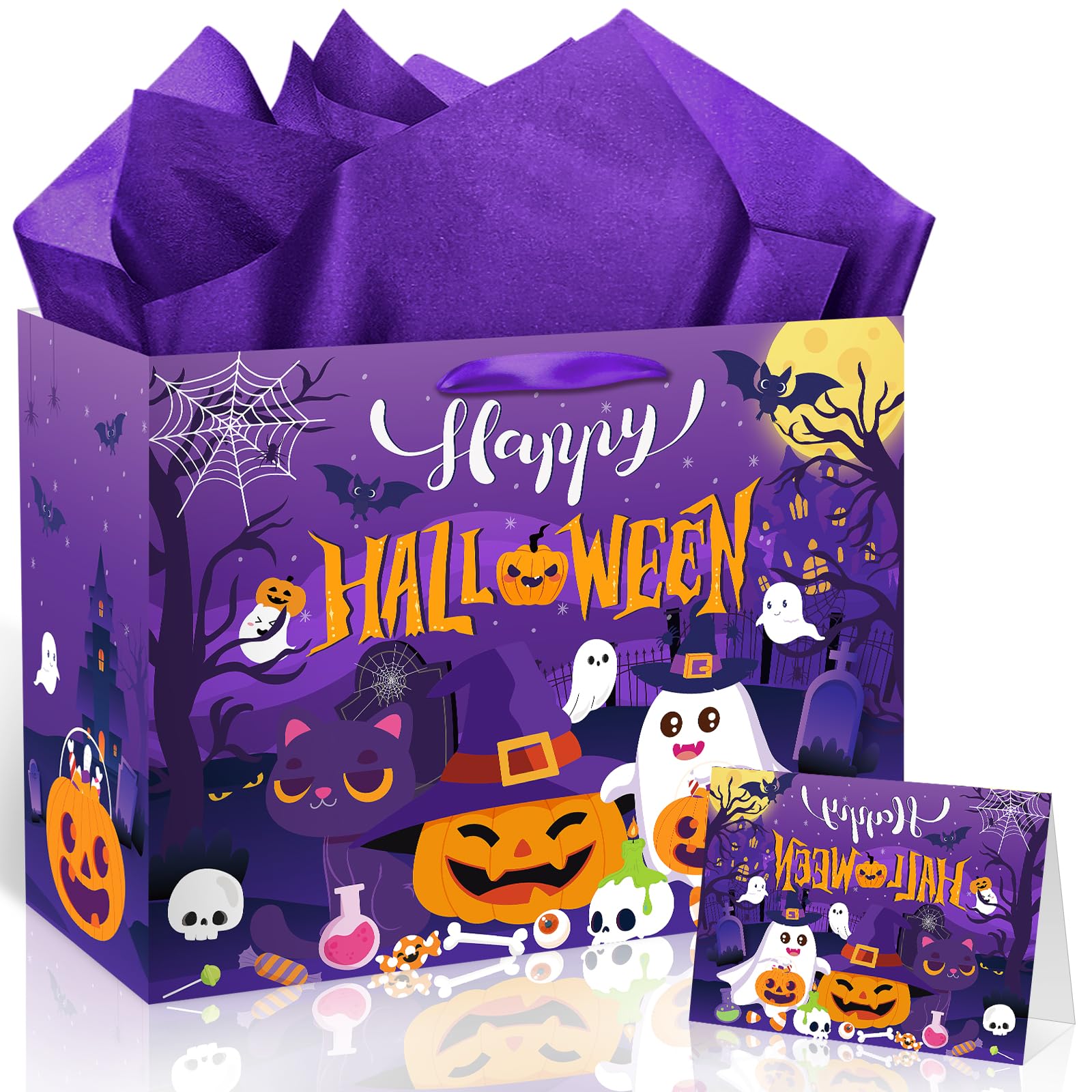 Large Halloween Party Gift Bag, Purple Halloween Paper Bags with Handle Halloween Tissue Paper Cute Pumpkin Skeleton Ghost Halloween Birthday Party Favors Decor for Trick or Treat Party Supplies