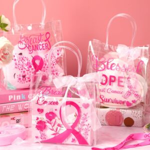 DTOFOOT 18Pcs Breast Cancer Clear Gift Bags with Handles Pink Ribbon Bow Breast Cancer Awareness Bulk Item PVC Pink Ribbon Bags Reusable for Breast Cancer Bags Women Nurse Breast Cancer Survivor Party