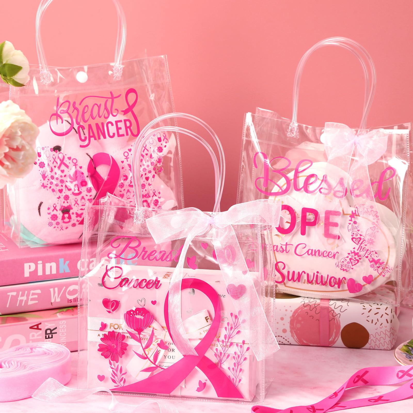 DTOFOOT 18Pcs Breast Cancer Clear Gift Bags with Handles Pink Ribbon Bow Breast Cancer Awareness Bulk Item PVC Pink Ribbon Bags Reusable for Breast Cancer Bags Women Nurse Breast Cancer Survivor Party