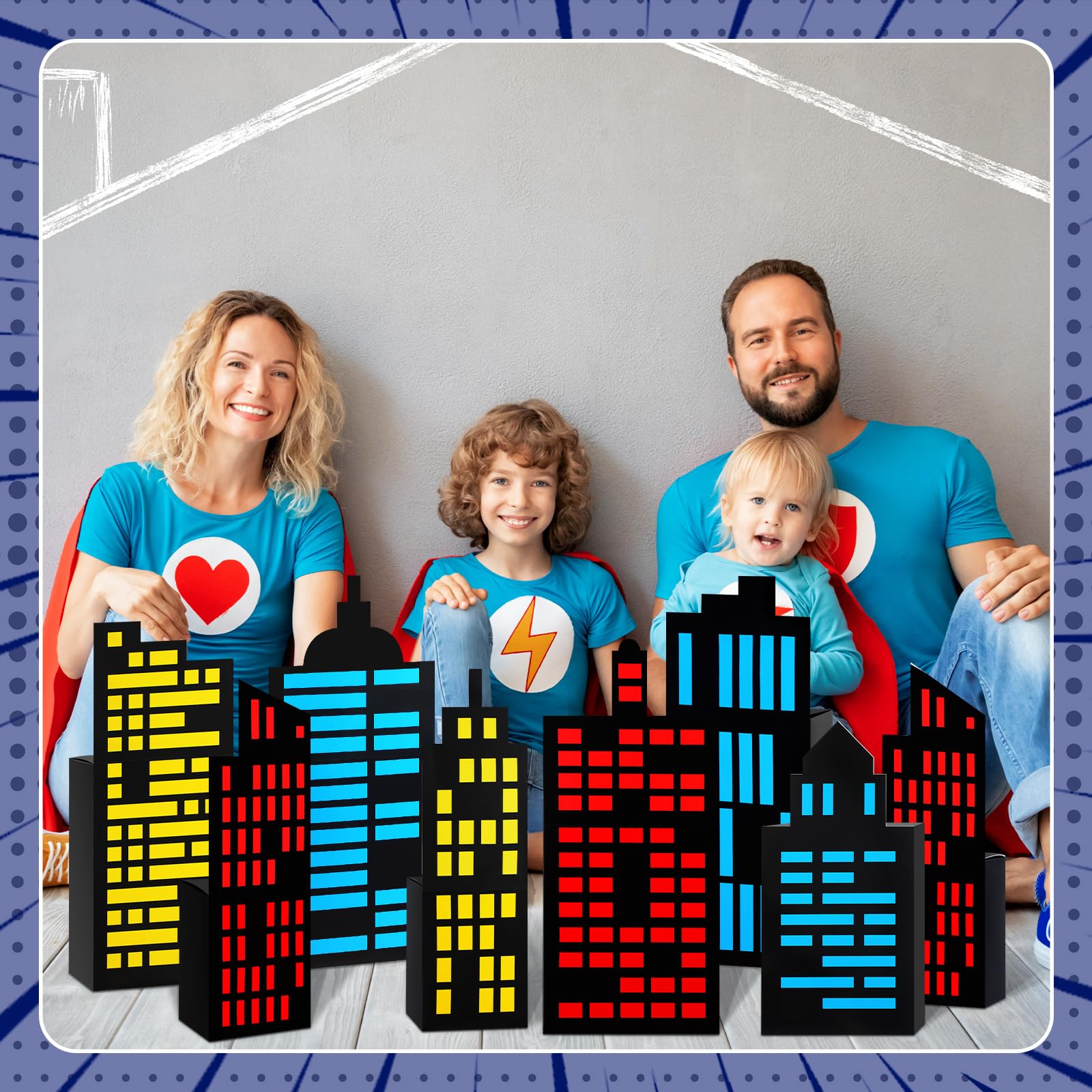 Dunzoom 16 Pcs Large Hero Party Favor Boxes with 10 Pcs Cards Skyscraper City Gift Box Different Sizes 3D City DIY Skyline Buildings Heroes Centerpiece for Hero Theme Birthday Party Decor Supplies