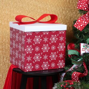 LaRibbons Large Christmas Gift Boxes with Lids,10x10x10 Inches Snowflake Design Folding Square Gift Boxes for Christmas Decorative,Xmas,Present,Storage,Red