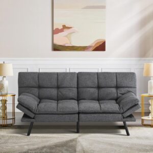 muuegm futon sofa bed convertible memory foam sleeper couch,modern loveseat for living room,small compact space,dorm,office,adjustable armrests backrest sofabed, linen dark grey