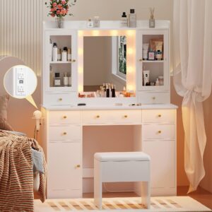 huanlego vanity desk with mirror and lights, white vanity mirror with lights desk and chair &7 drawers, cabinets makeup vanity table with with stool for bedroom 3 lights mode and brightness adjusted