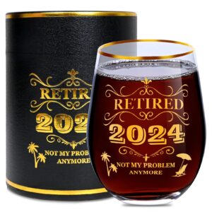 luxulish retirement gifts for men & women, personalized 2024 retirement stemless wine glass with vintage gift box, funny retired gifts for mom, dad, coworker, teacher, friend - 18oz