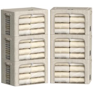 6 pack clothes storage bins with metal frame- foldable storage bins for clothes linen fabric storage box with opening clear window (beige, 15.7x11.8x7.8inch(22l))