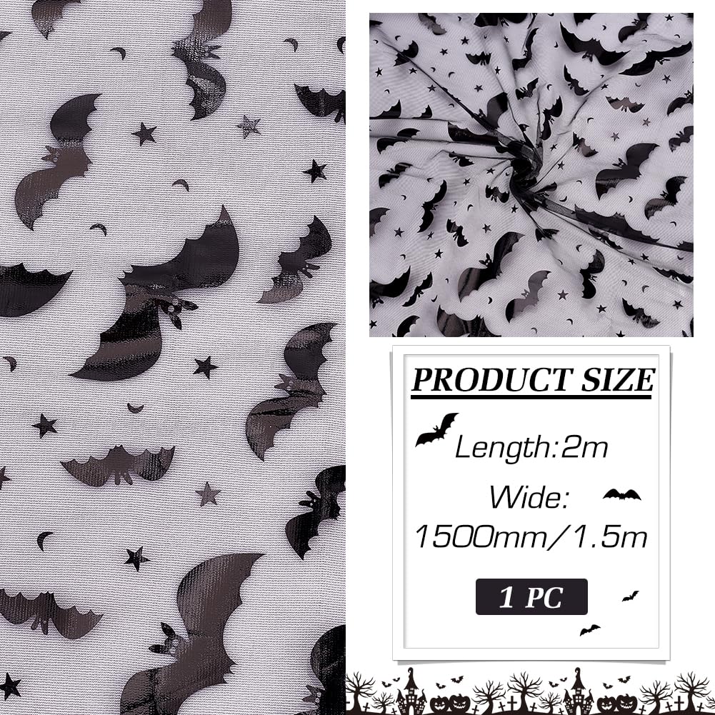 MAYJOYDIY 2.2Yards Black Bat Tulle Fabric with Star Moon Pattern 59inches Wide Hot Stamping Mesh Fabric Halloween Flying Bats Mesh Lace Fabric for DIY Handmade Clothing Home Decor