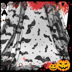 MAYJOYDIY 2.2Yards Black Bat Tulle Fabric with Star Moon Pattern 59inches Wide Hot Stamping Mesh Fabric Halloween Flying Bats Mesh Lace Fabric for DIY Handmade Clothing Home Decor