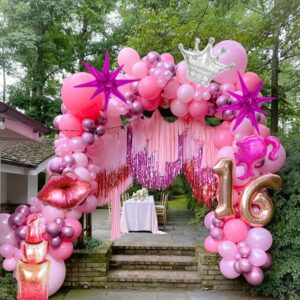 Hot Pink Princess Balloons, 11pcs Huge Lipstick Lips Foil Princess Balloons Party Decoration Photo Backdrop for Girls Birthday Baby Shower Bridal Shower Princess Doll Theme Party Decorations