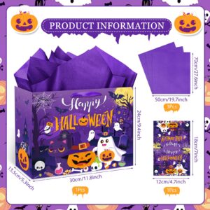 Large Halloween Party Gift Bag, Purple Halloween Paper Bags with Handle Halloween Tissue Paper Cute Pumpkin Skeleton Ghost Halloween Birthday Party Favors Decor for Trick or Treat Party Supplies