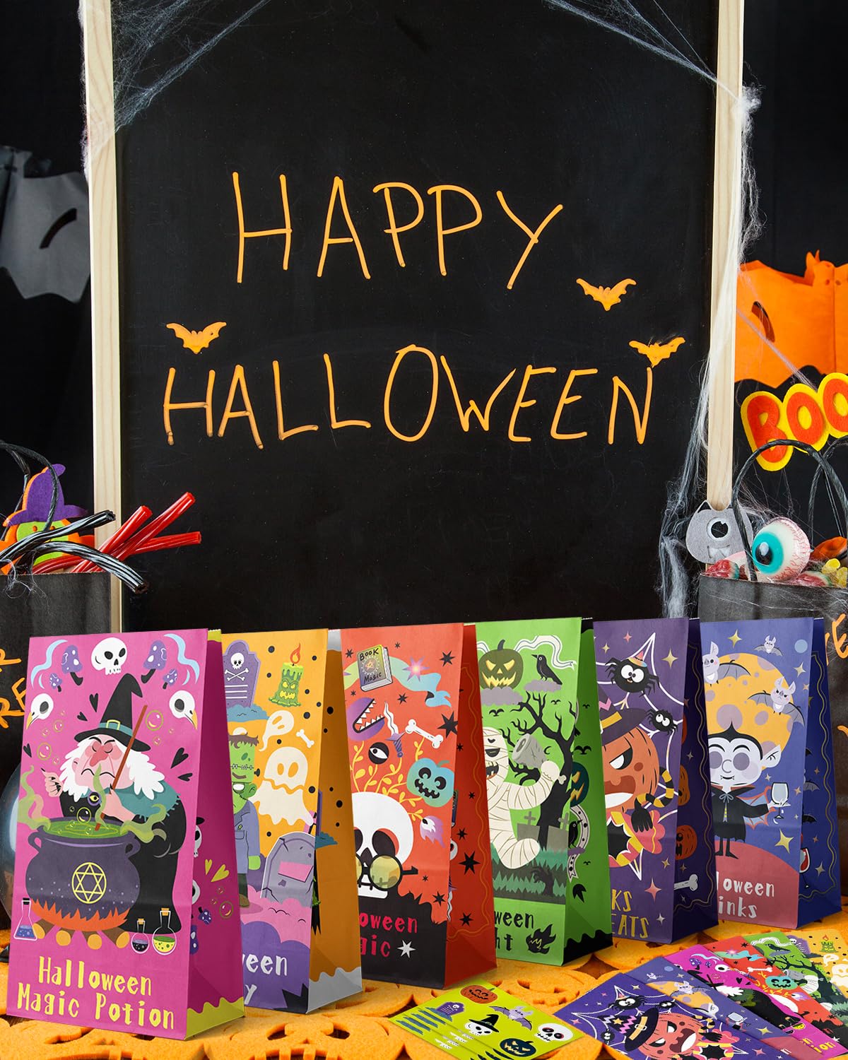 Gcardist Halloween Treats Bags 30 PCS Party Favors with 6 Designs, 3x5x9.5 Inches for Trick or Treat Festival - Includes Stickers - Happy Halloween Candy Bags