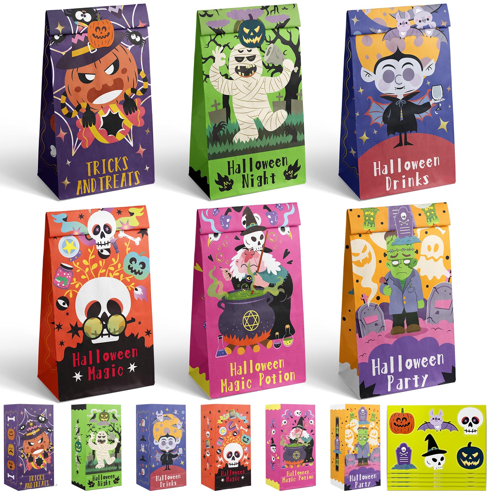 Gcardist Halloween Treats Bags 30 PCS Party Favors with 6 Designs, 3x5x9.5 Inches for Trick or Treat Festival - Includes Stickers - Happy Halloween Candy Bags