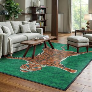 seavish tiger rug 5x7 area rugs for living room low pile thin animal print green rugs for bedroom aesthetic washable accent rugs for entryway soft floor carpet for dorm office modern room decor