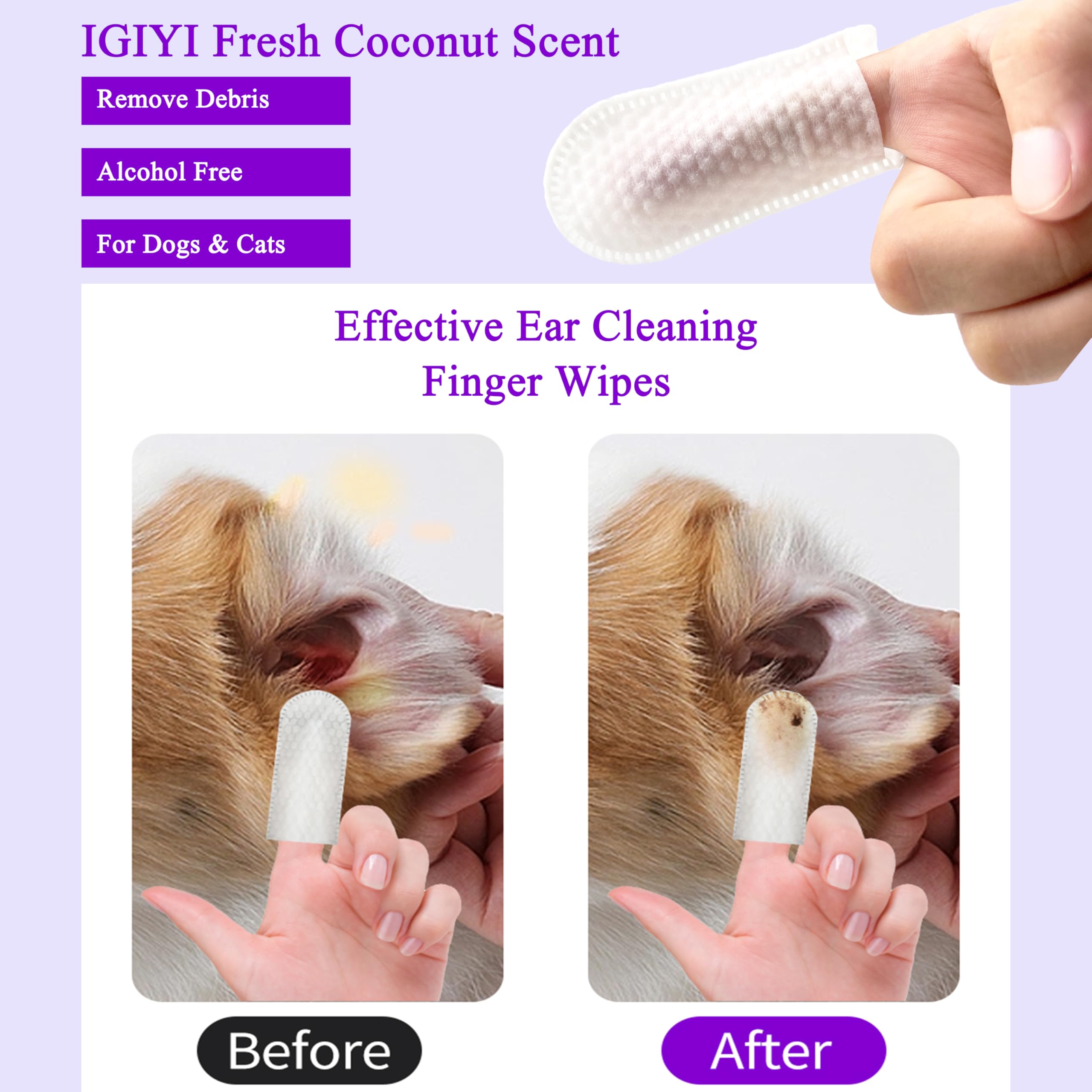 IGIYI Ear Finger Wipes Cleaner for Dog Cat,Bigger Size Gently Remove Ear Wax Dirt Odor,Sooths & Deodorizes, Relieve Ear Itching, Prevents Ear Infections, Natural Ingredients, 60 Count