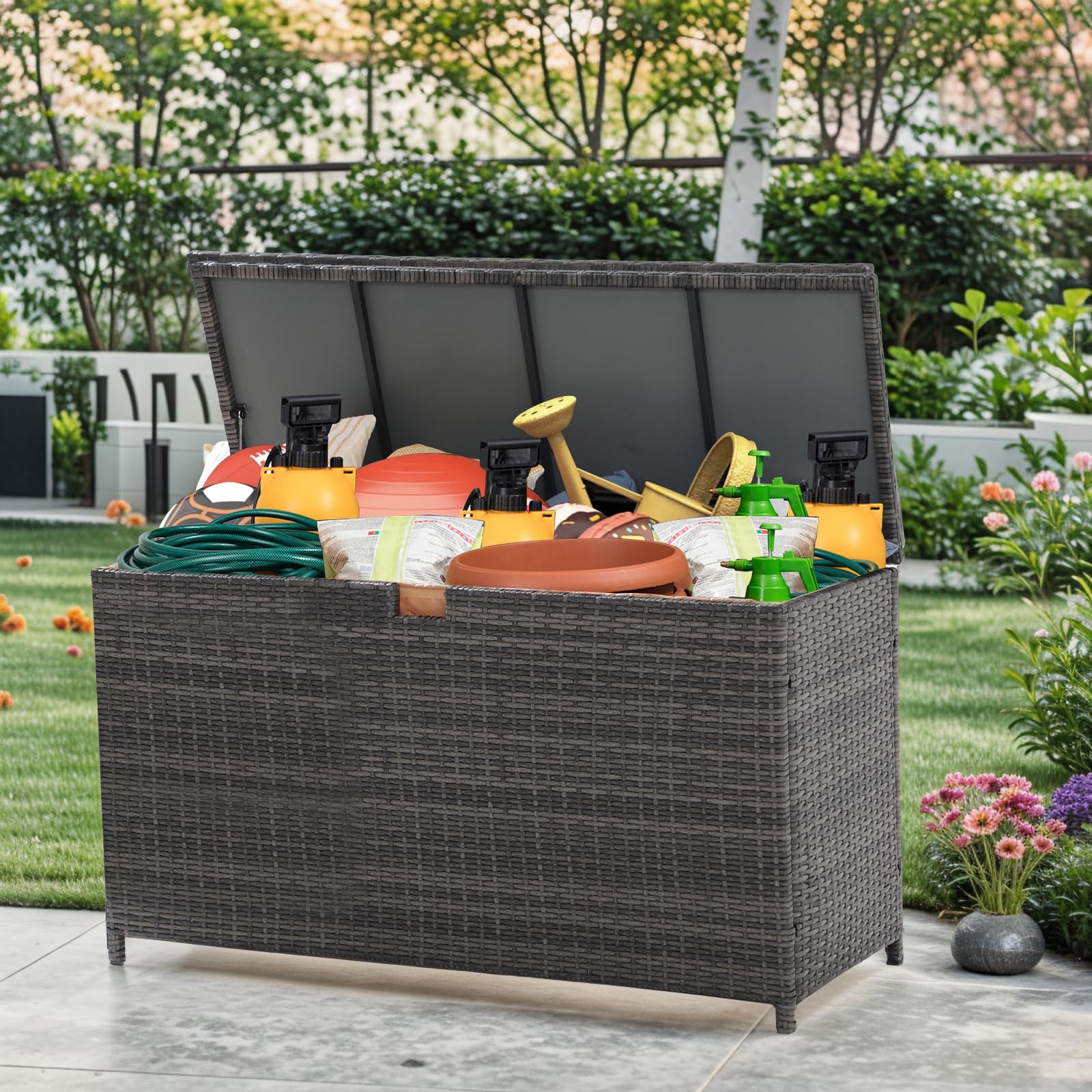 IULULU 120 Gallon Waterproof Wicker Deck Box with Aluminum Frame and Hinged Lid, All-Weather Outdoor Storage Container for Patio Furniture Cushions, Garden Tools and Pool Toys, Grey