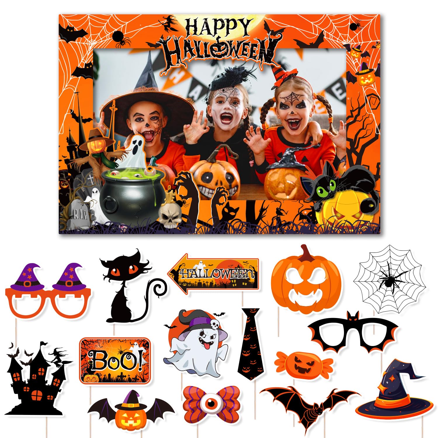 Halloween Party Decorations - 16PCS Halloween Photo Booth Props for Halloween Birthday Party Supplies (Orange)