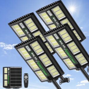 1200w solar street lights outdoor waterproof with remote control, 1170 leds 6500k solar parking lot lights dusk to dawn, waterproof ip65 solar street light with motion sensor for yard, garage pack