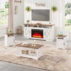 AMERLIFE 5-Piece Farmhouse Table Set Include 63" TV Stand with 26" Fireplace, 40" Coffee Table, 2 End Tables with Charging Station & USB Ports, Living Room Table Sets with Barn Door, Rustic Oak&White