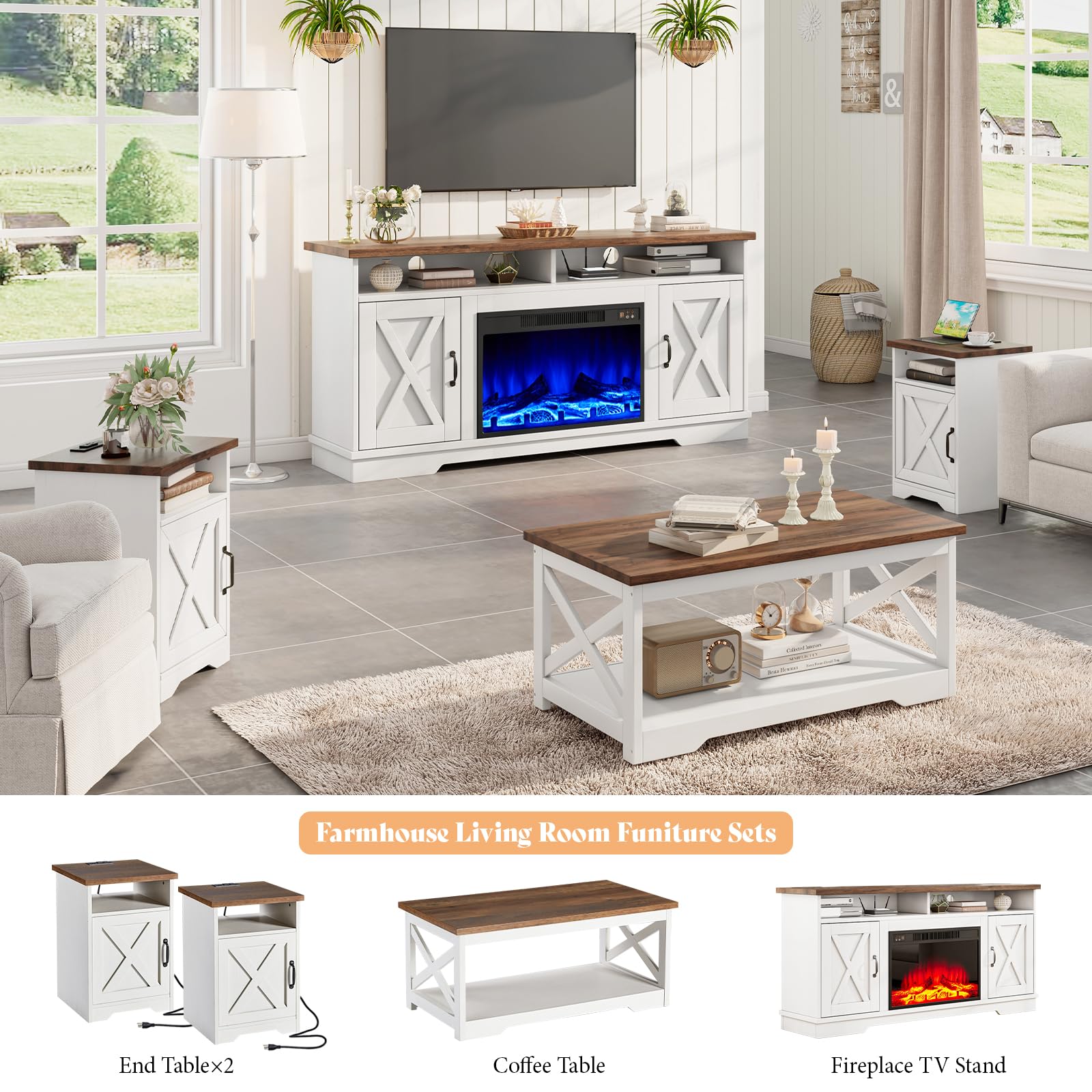 AMERLIFE 5-Piece Farmhouse Table Set Include 63" TV Stand with 26" Fireplace, 40" Coffee Table, 2 End Tables with Charging Station & USB Ports, Living Room Table Sets with Barn Door, Rustic Oak&White